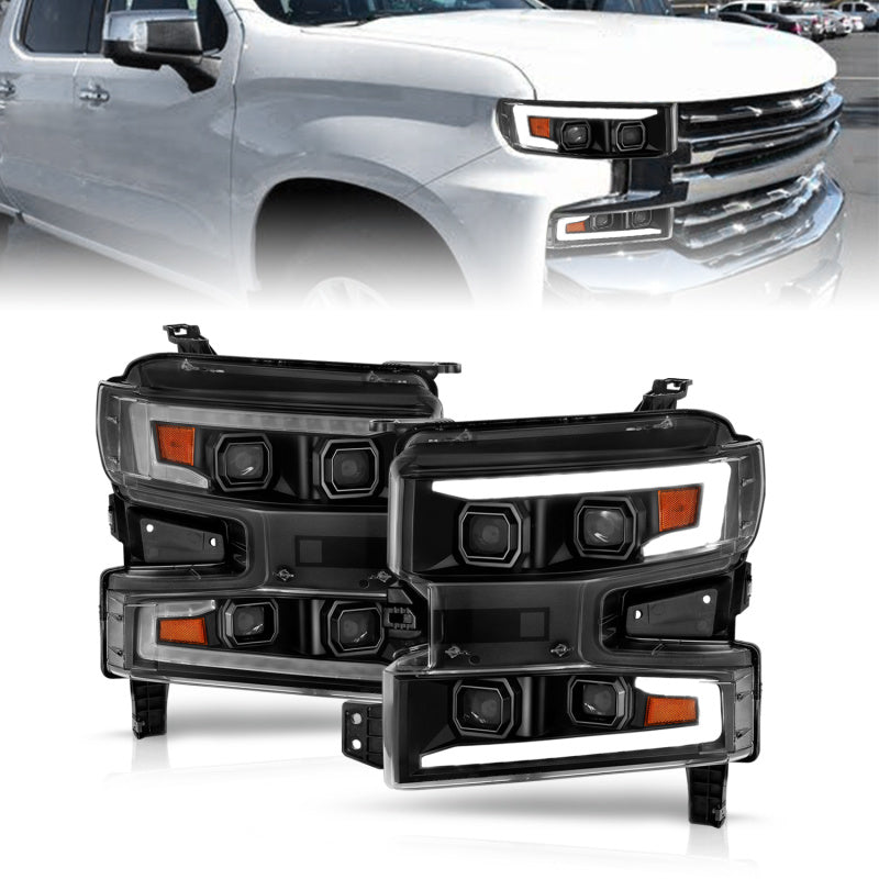 ANZO 19-22 Chevrolet Silverado 1500 LED Proj HL w/Lgt Bar SwBk Seq. Bl